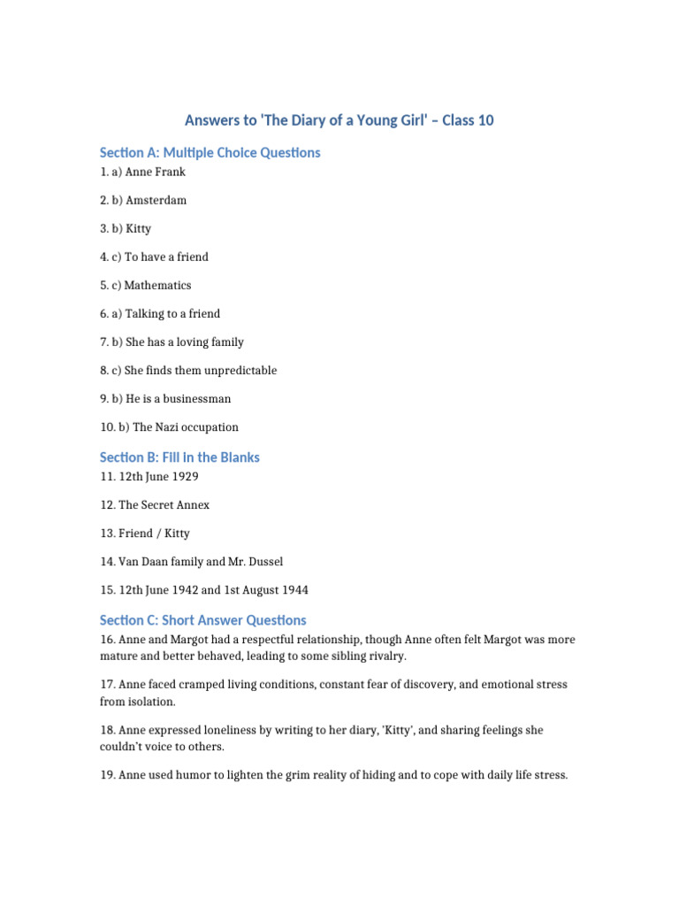 Anne Frank Class 10 Answers | PDF | Anne Frank | Courage