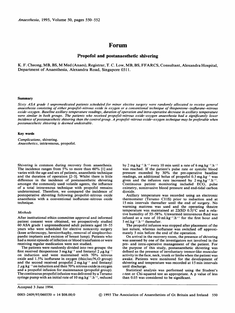 Propofol Reduces Postanaesthetic Shivering | PDF | Anesthesia | Hypothermia