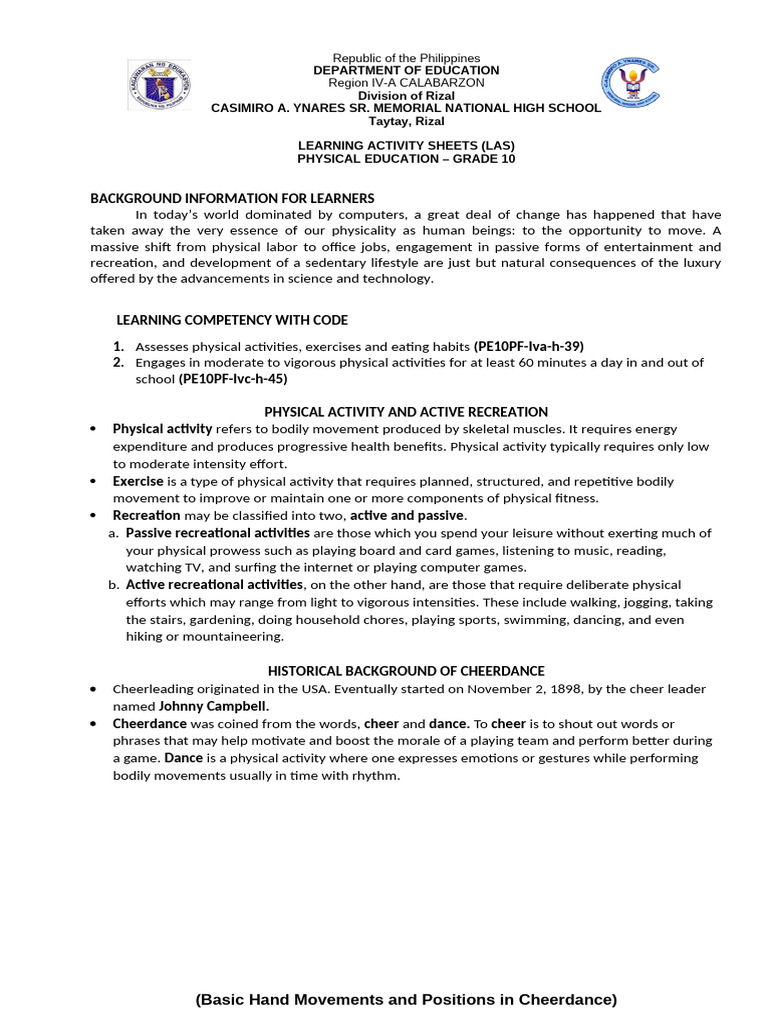 Grade 10 Physical Education LAS: Cheerdance | PDF | Cheerleading