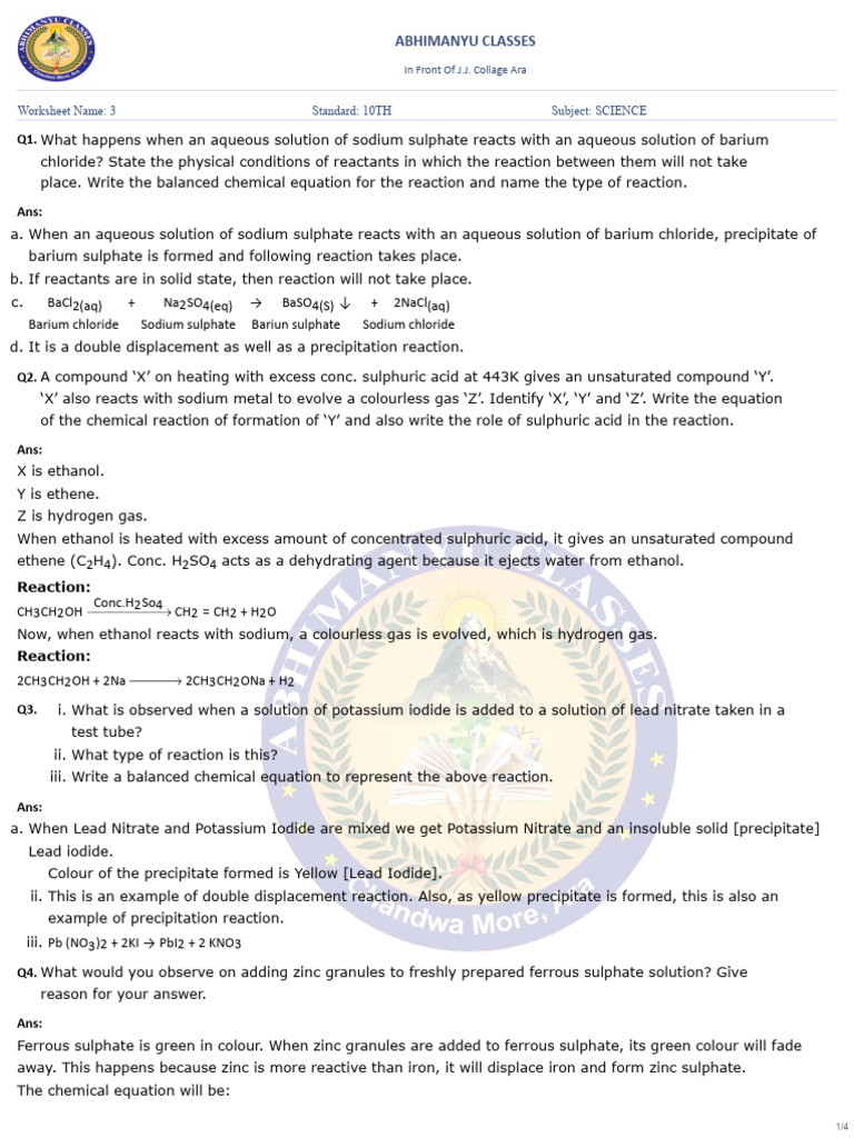 10th Grade Science Worksheet on Reactions | PDF | Chemical Reactions ...