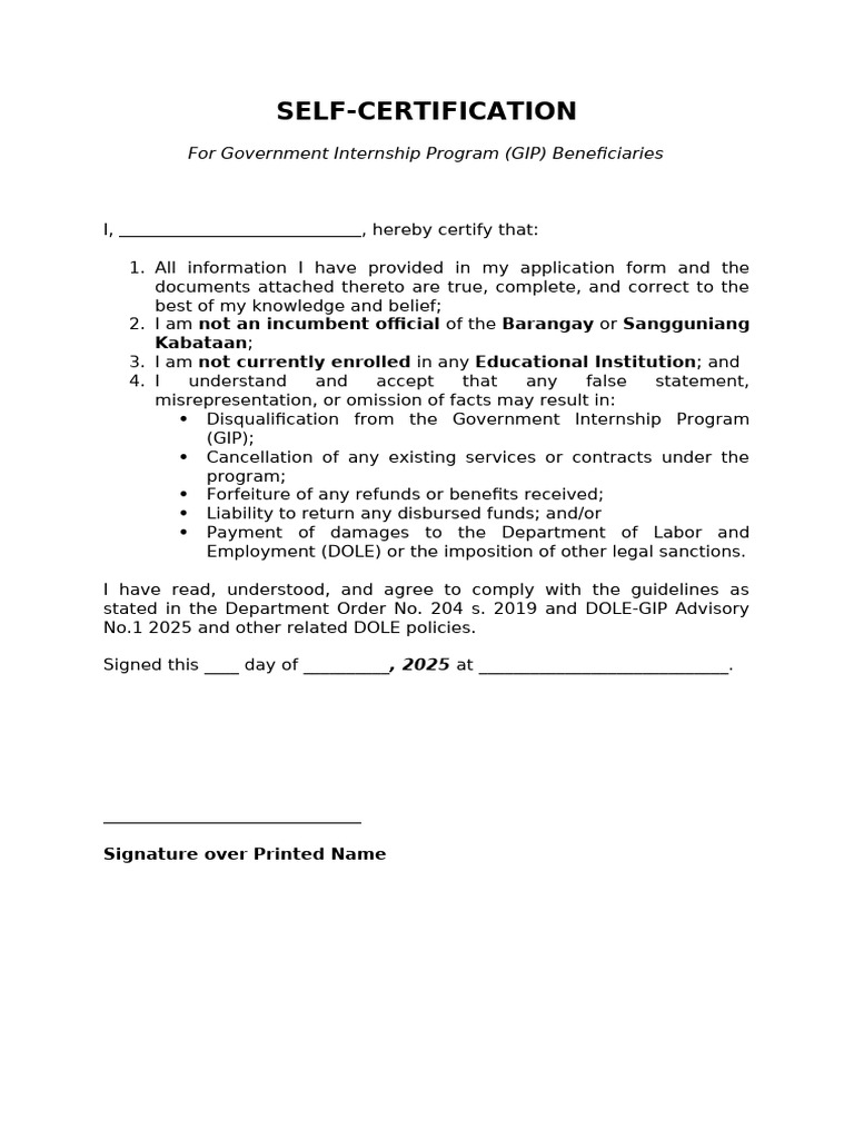 CNPO Devised Form For Self Certification | PDF