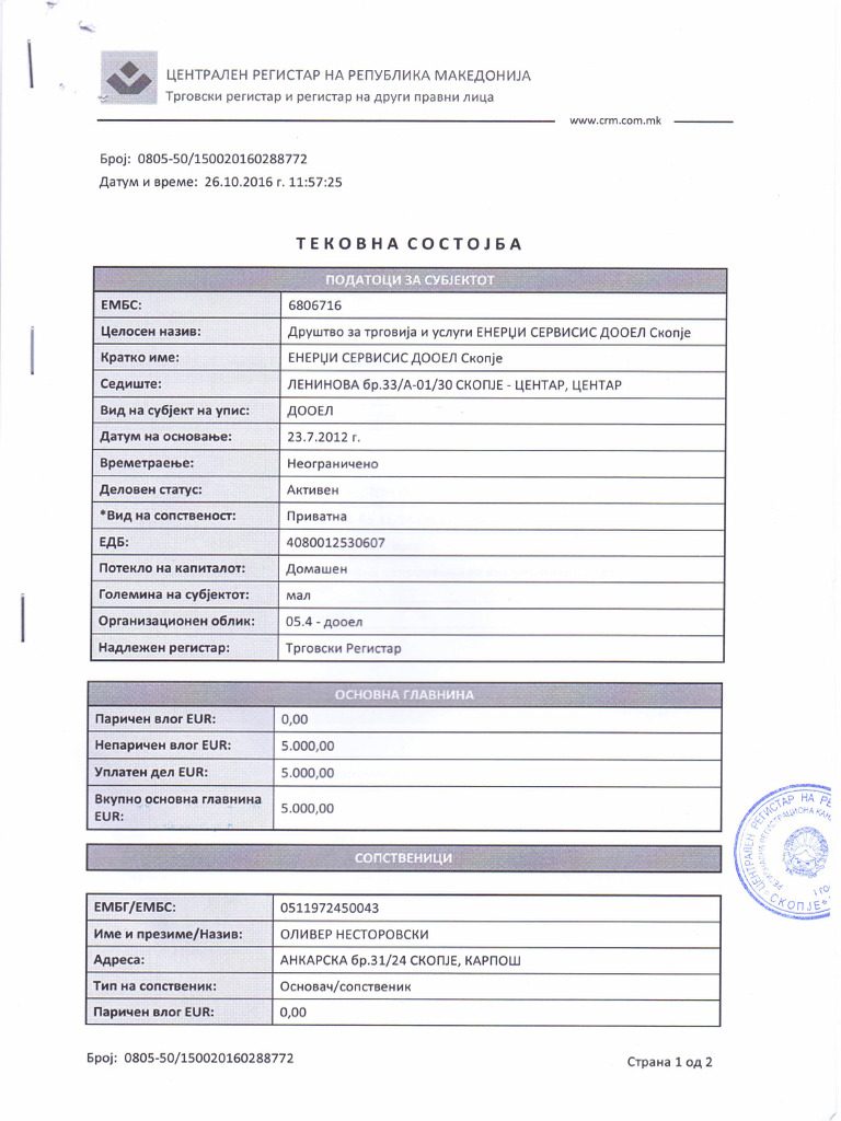 Extract From The Trade Register of Macedonia | PDF