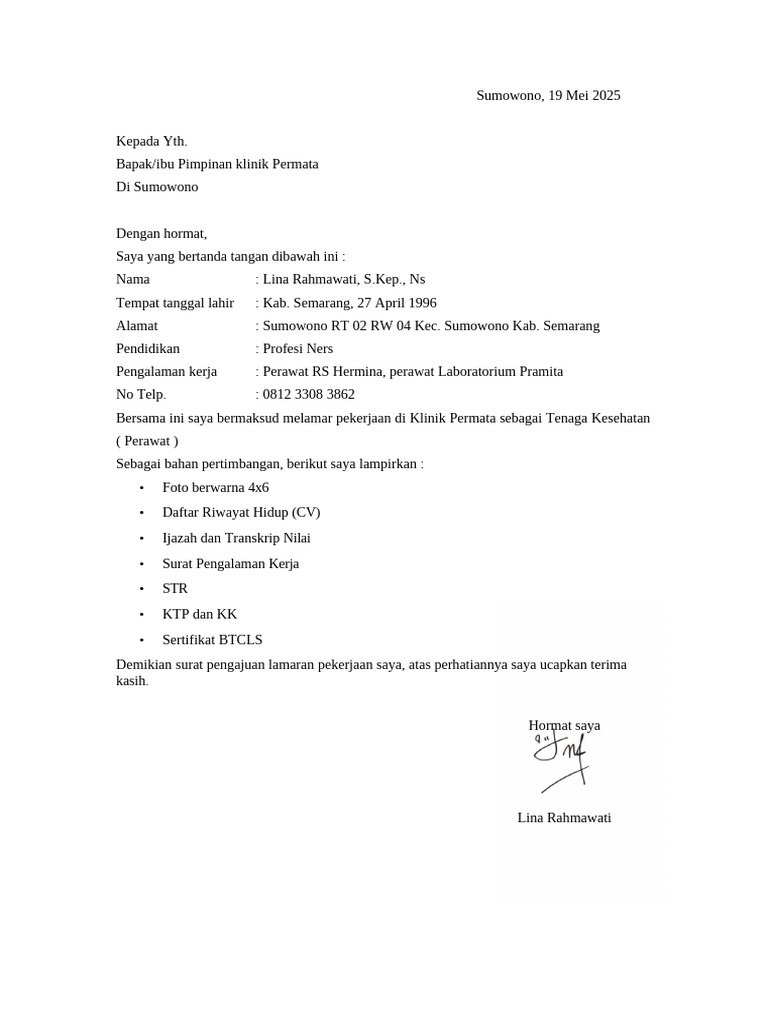 Surat Lamaran LINA Klinik Permata | PDF