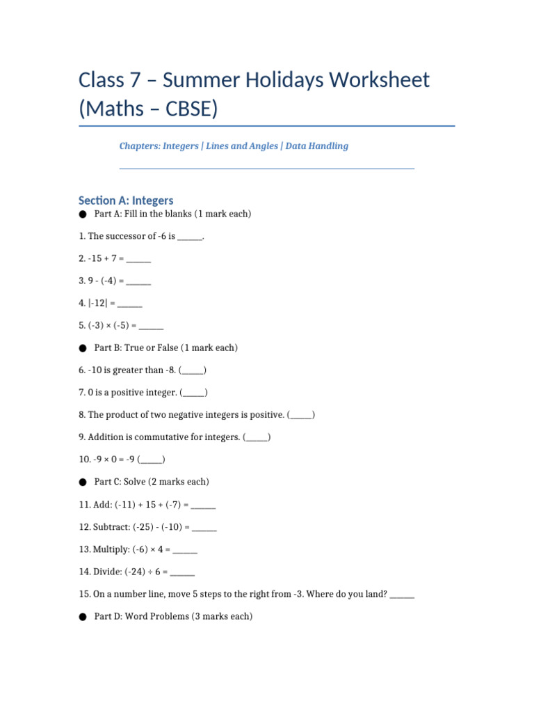 Class7 Summer Maths Worksheet | PDF