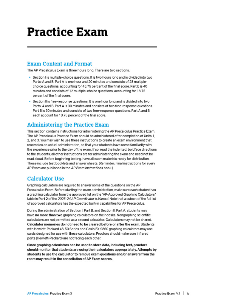 AP Precalculus Practice Exam 3 Guide | PDF | Multiple Choice | Function ...