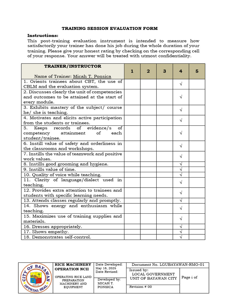 SWBL-Ponsica-Training Evaluation Form 1 | PDF | Learning | Behavior Modification