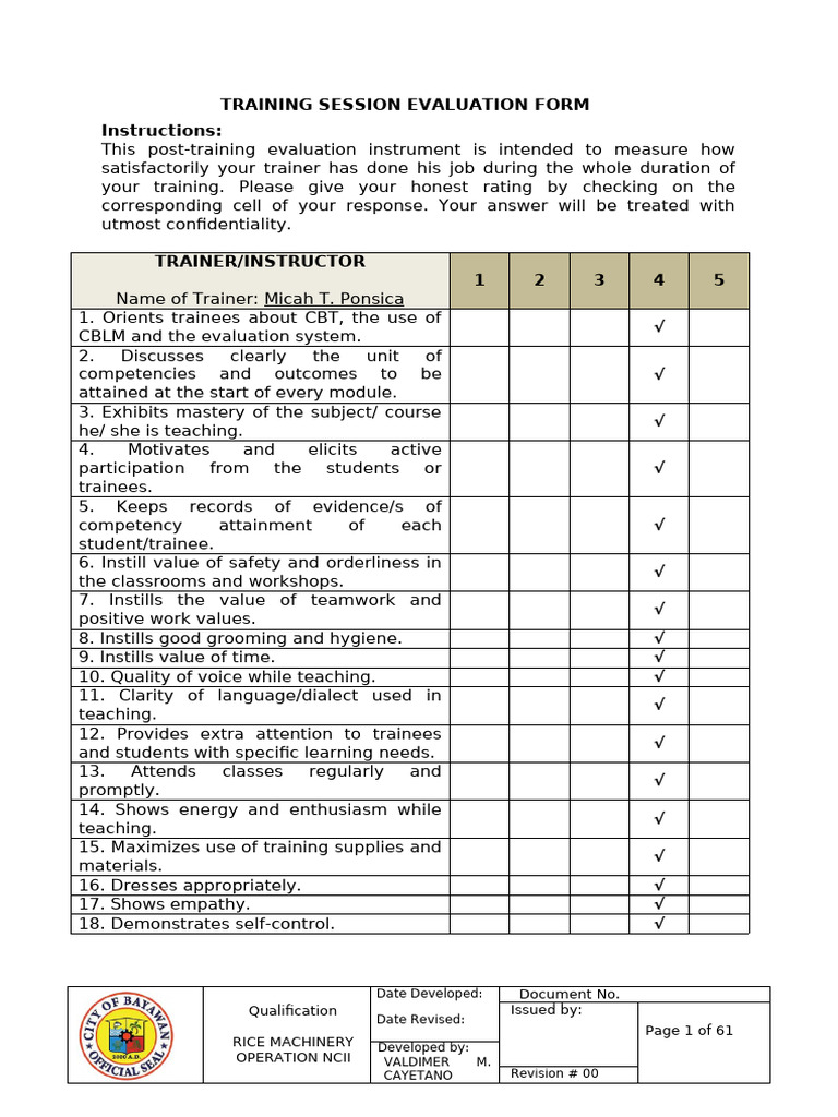 Training Session Evaluation Form | PDF | Cognition | Behavior Modification