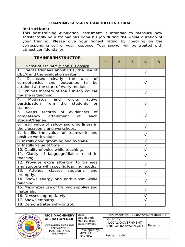 SWBL-Ponsica-Training Evaluation Form 1 | PDF | Learning | Behavior Modification