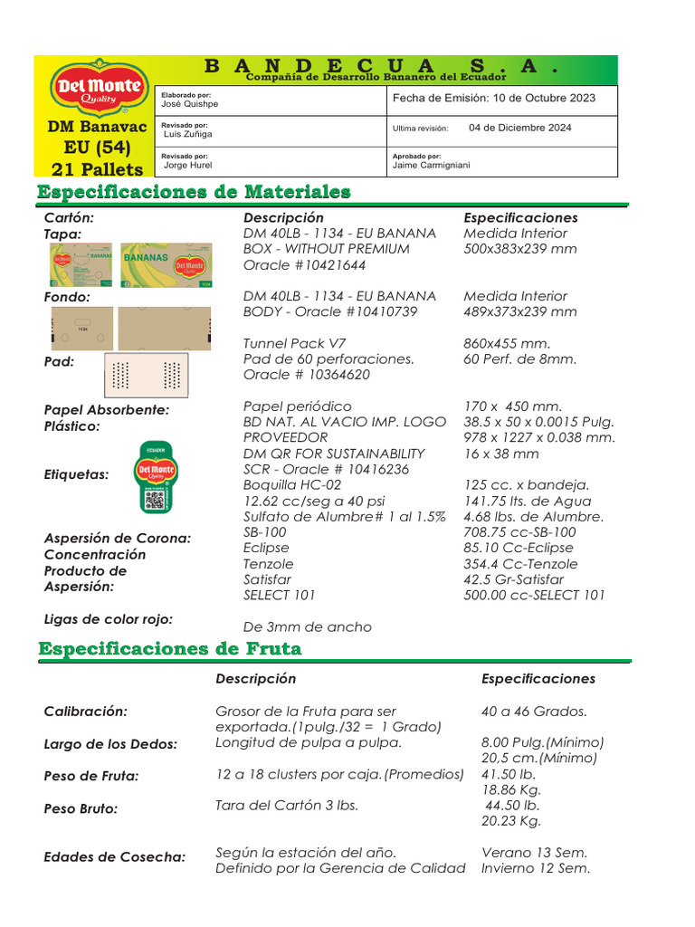Especificaciones DM BANAVAC EU (54) (21 PALLETS) | PDF | Bienes ...