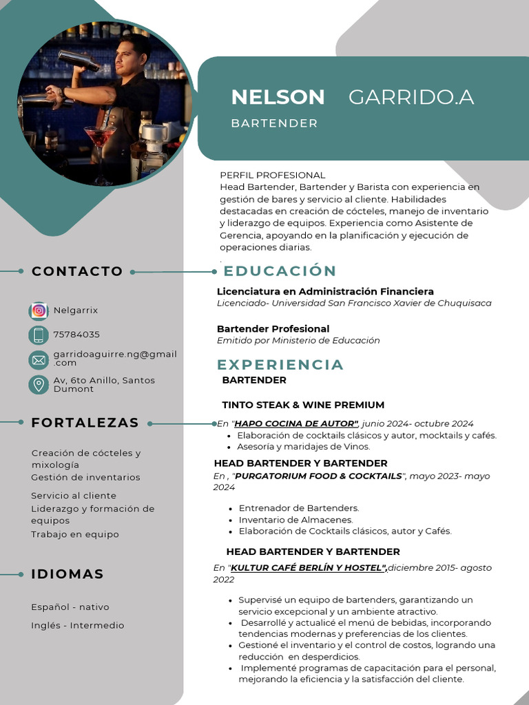 CV. Nelson Garrido Bartender 2025 | PDF | Bebida