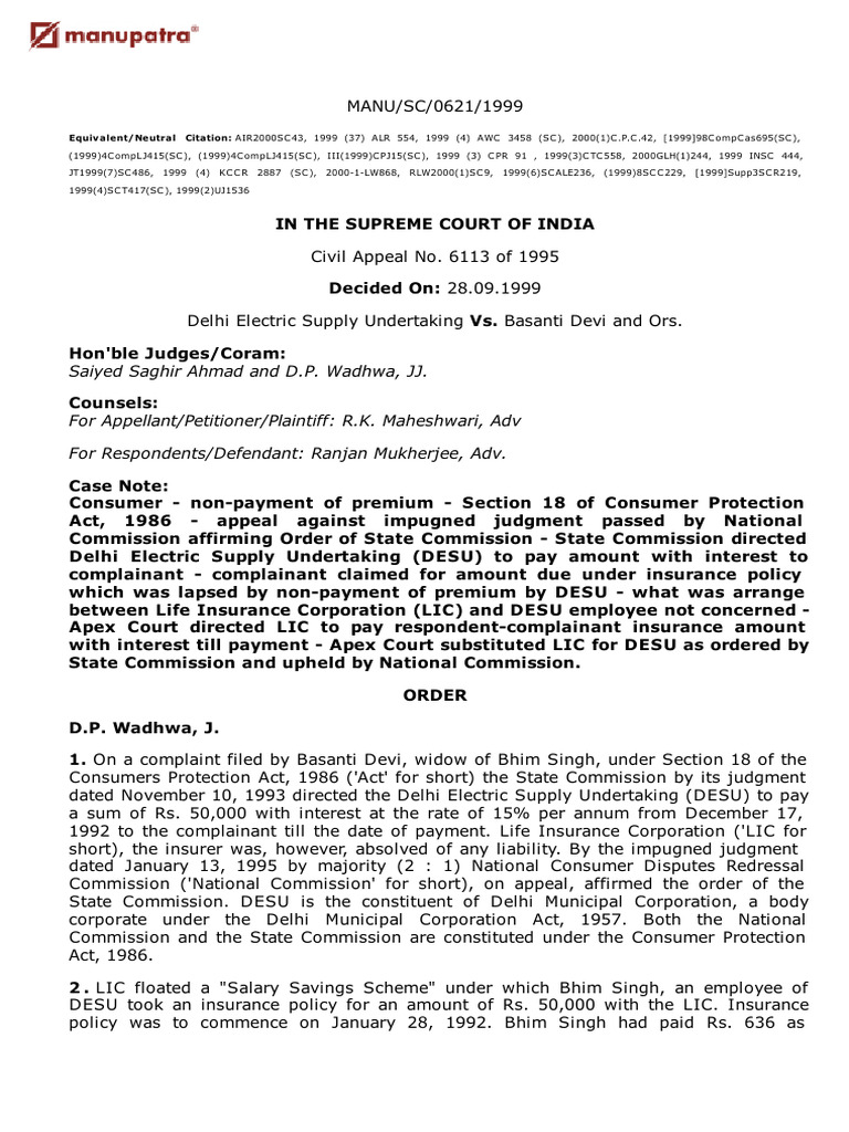 Delhi Electric Supply Undertaking Vs Basanti Devi0404s990181COM992072 | PDF | Insurance | Employment