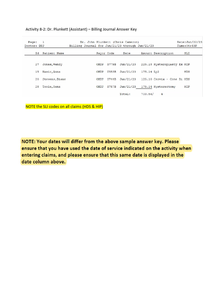 Activity 8-2 DR Plunkett Assistant Billing Journal Answer Key Sample | PDF