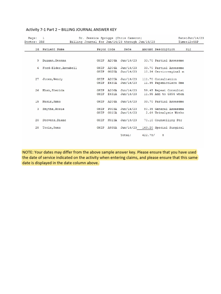 Activity 7-1 Part 2 Billing Journal Answer Key Sample Updated | PDF
