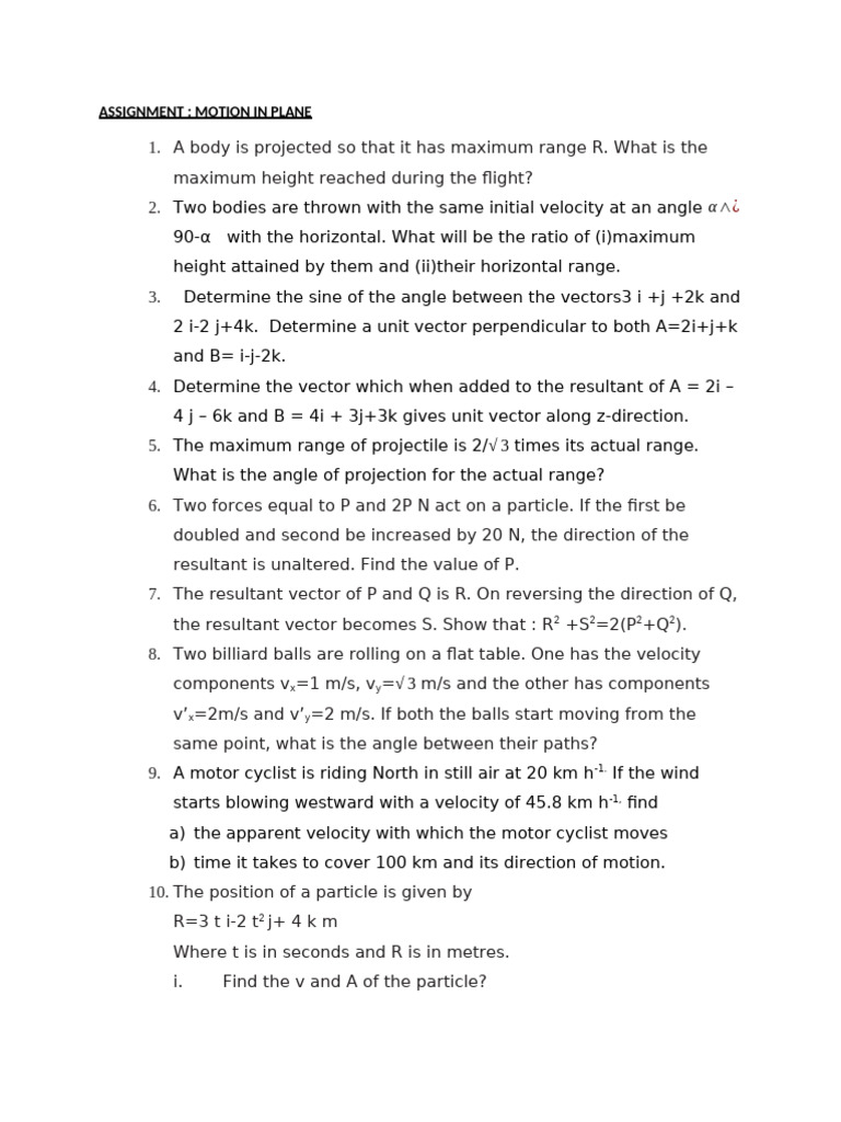 ASSIGNMENT MOTION IN PLANE (1) | PDF | Acceleration | Mechanics