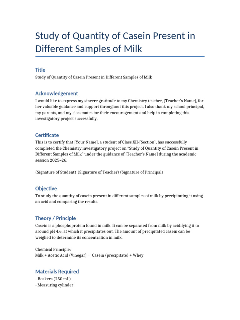 Casein Investigatory Project | PDF | Milk | Chemistry