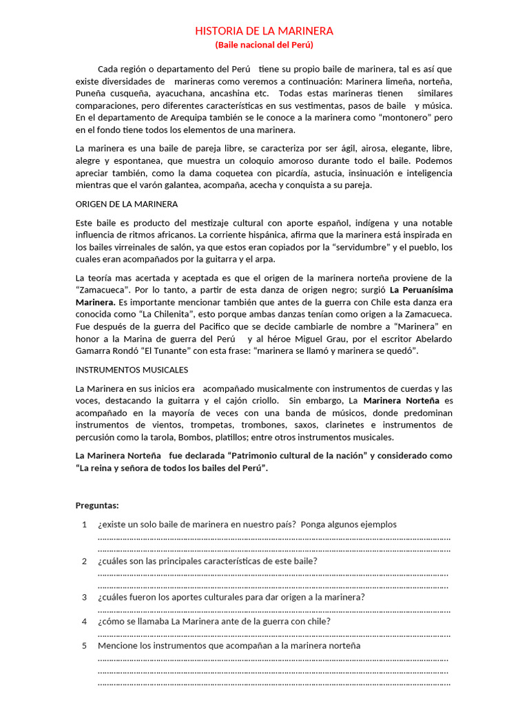 Historia de La Marinera | PDF | Bailes