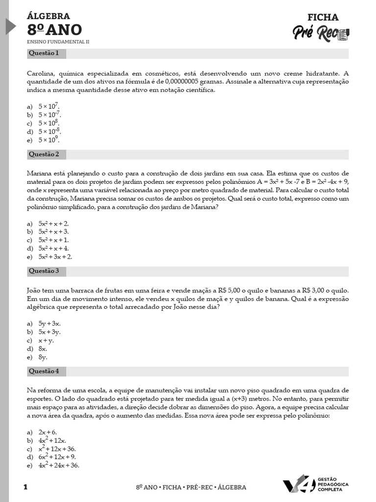Ficha de Exercícios de Álgebra - 8º Ano | PDF | Matemática