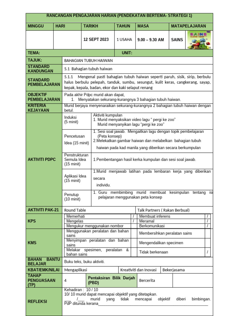 RPH Sains Tahun 1 Pendekatan Bertema | PDF