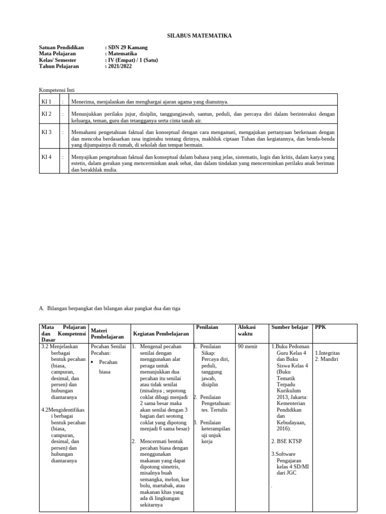 KTSP Silabus Matematika Kelas 4 | PDF