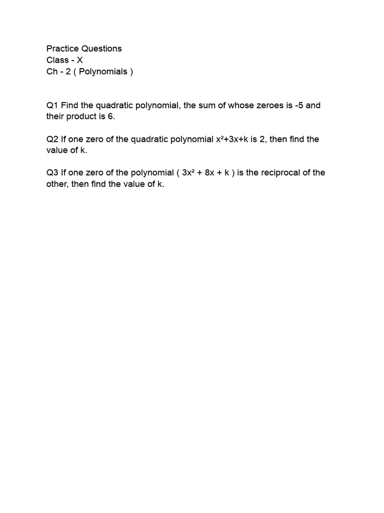 Polynomials Practice Questions | PDF