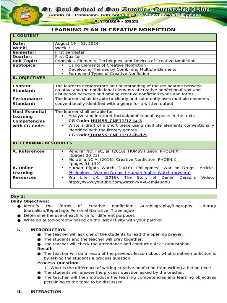 Creative Nonfiction Learning Plan | PDF | Creative Nonfiction | Essays