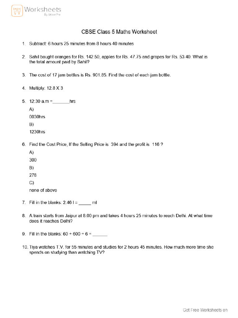 CBSE Class 5 Maths Worksheet 3 | PDF