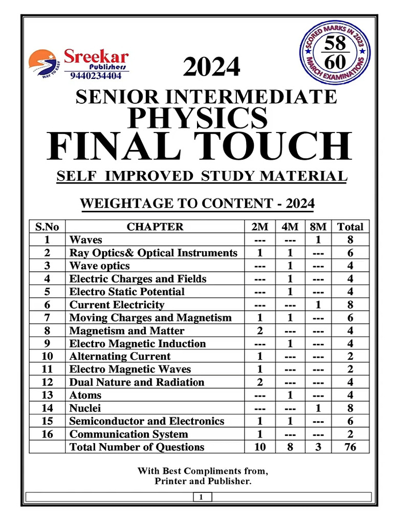 Chaduvu - 12 - PHY - Final Touch by Sreekar Publications | PDF