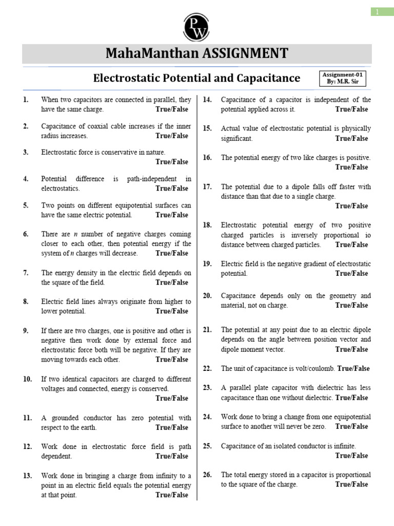 MahaManthan Assignment 01 - Electrostatic Potential and Capacitance (Only PDF) - Lakshya NEET ...