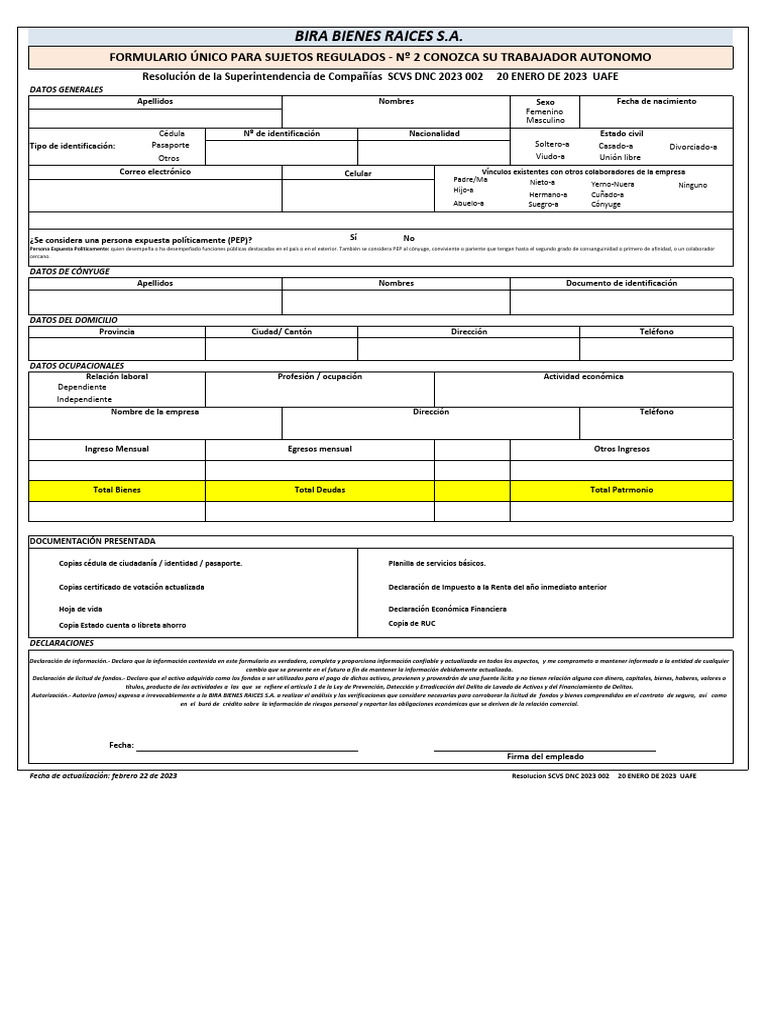 Formulario Conozca Su Empleado-Auto | PDF