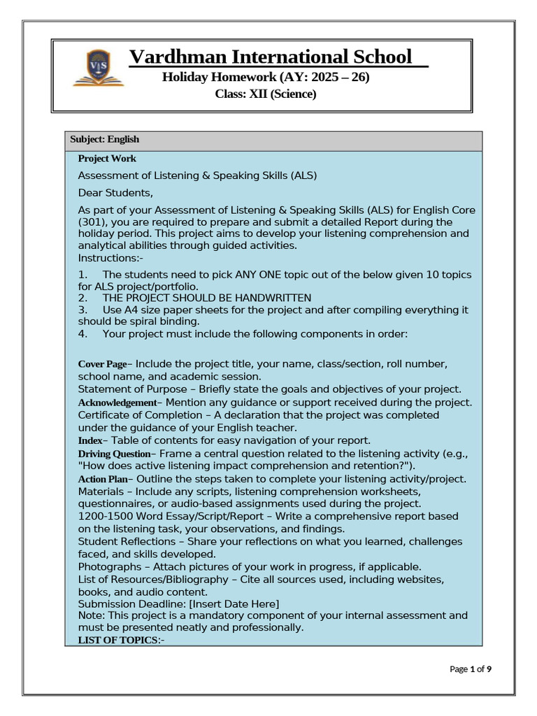 Class XII English ALS Project Guidelines | PDF