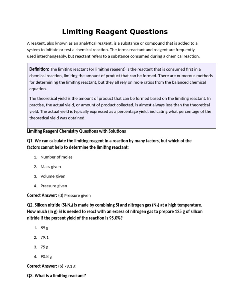 Limiting Reagent Questions | PDF | Chemical Substances | Physical Sciences