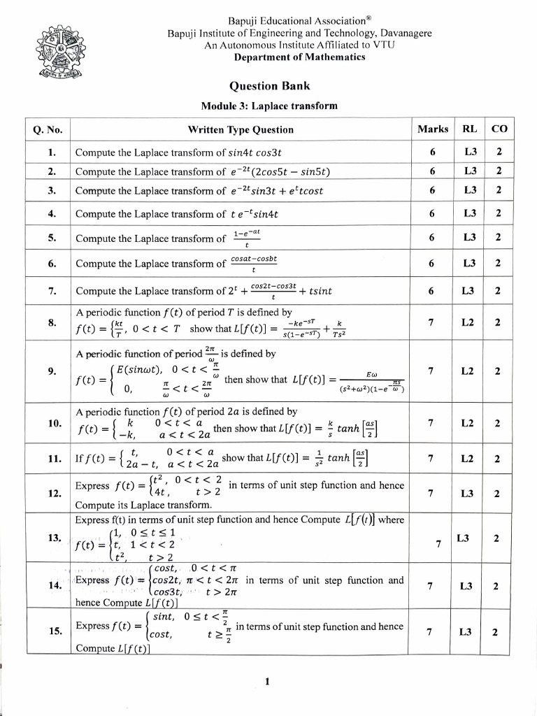 Laplace Transforms Question Bank For Mathematics 2 | PDF | Convolution | Laplace Transform