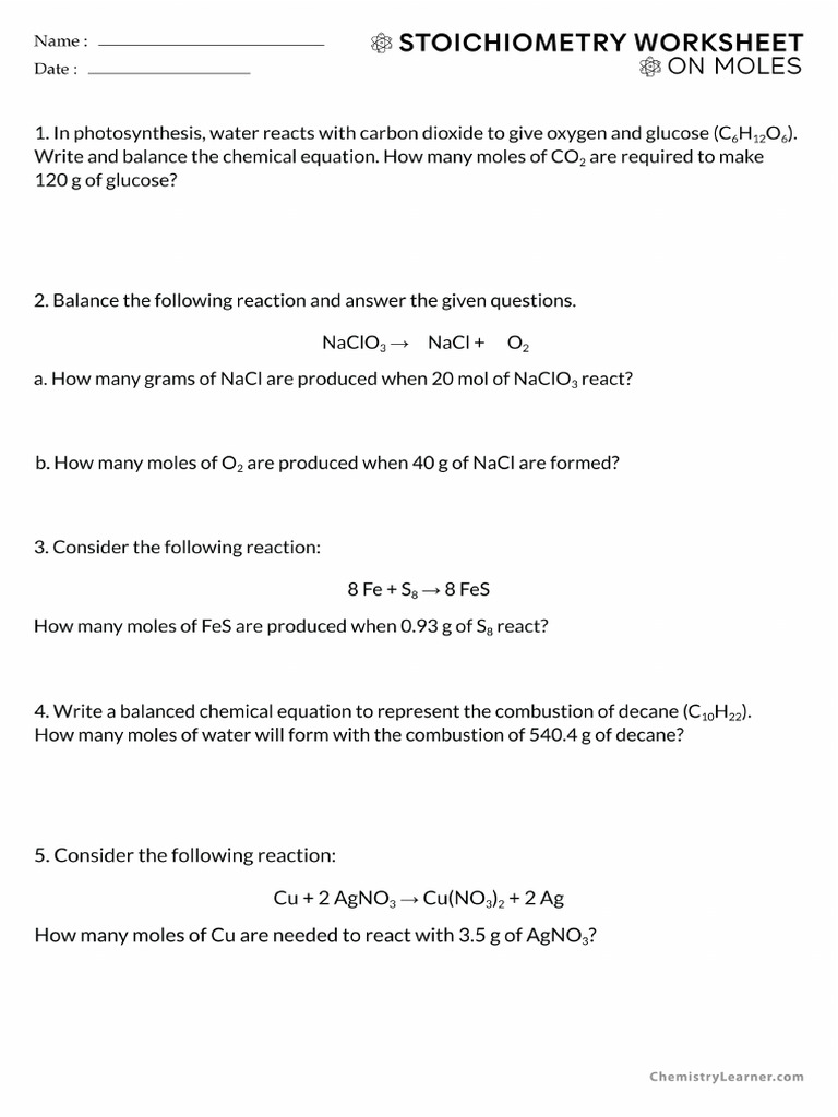 Mass To Mole Stoichiometry Worksheet With Answers | PDF
