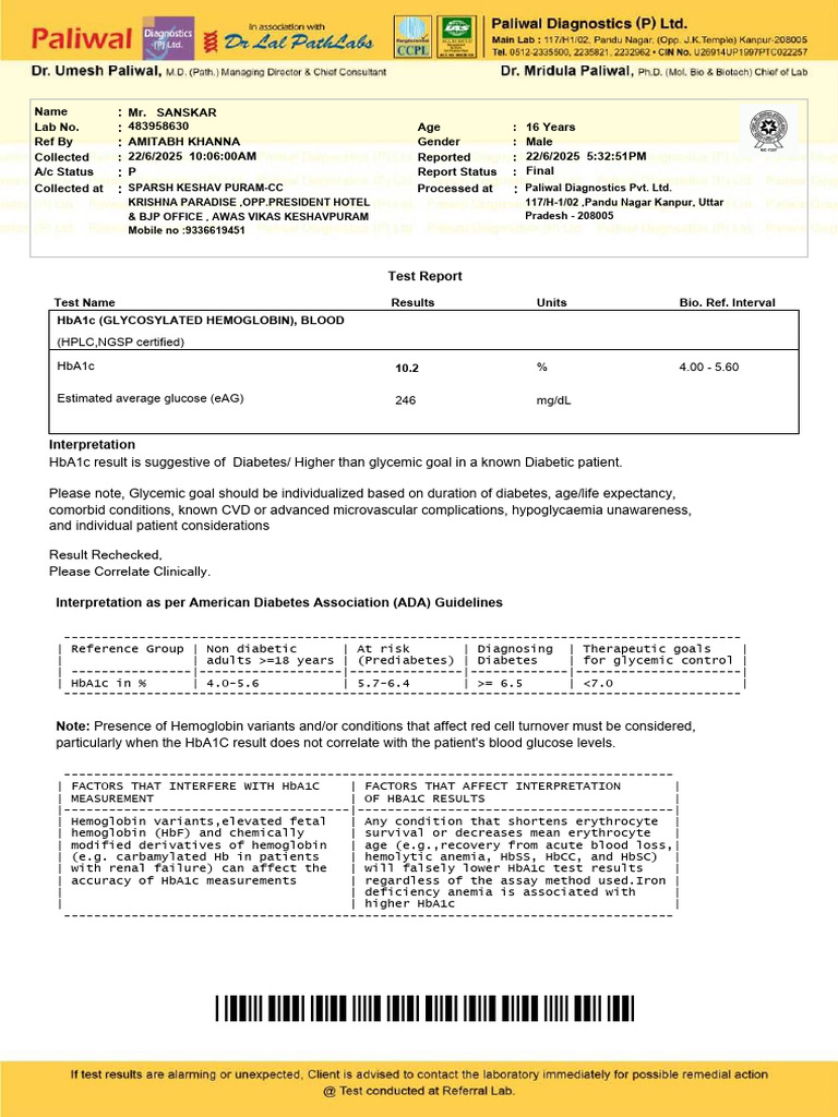 (HPLC, NGSP Certified) Hba1C % 4.00 - 5.60 Estimated Average Glucose (Eag) MG/DL 246 | PDF ...