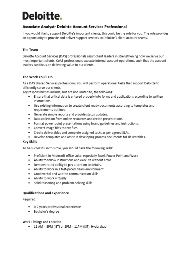 Associate Analyst Role at Deloitte DAS | PDF | Leadership | Business
