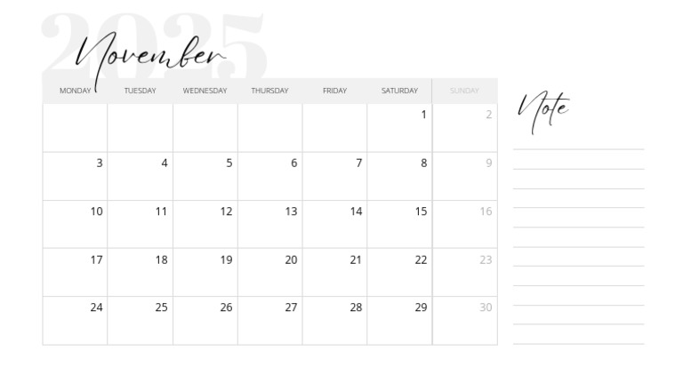 Black and White Minimalistic November Monthly Calendar | PDF