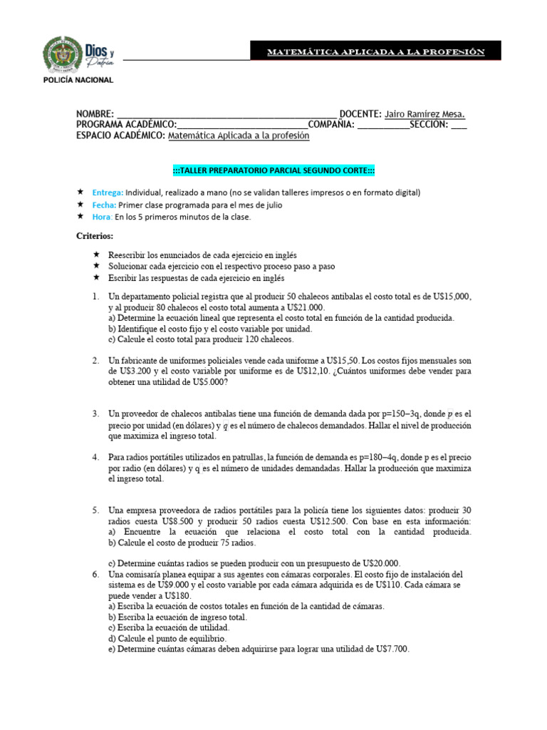 Taller Preparcial Segundo Corte | PDF | Ecuaciones | Matemáticas