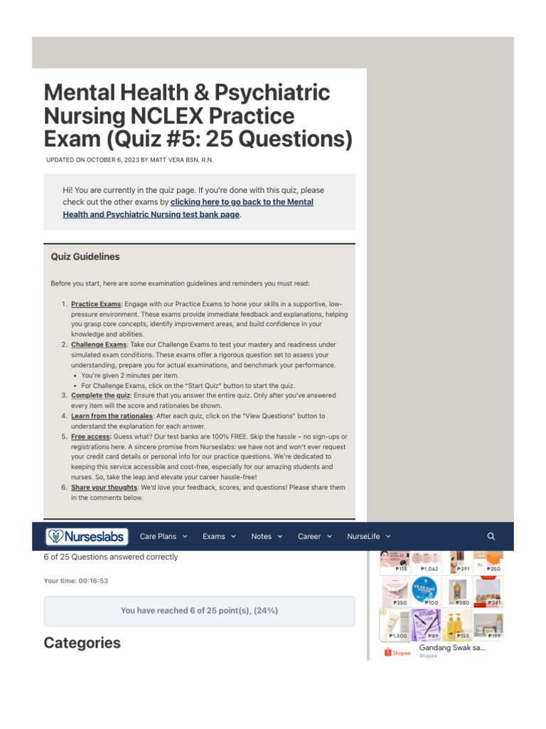 Mental Health & Psychiatric Nursing NCLEX Practice Exam (Quiz #5 - 25 ...