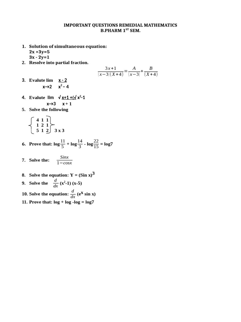 Remedial Mathematics Questions for B.Pharm | PDF
