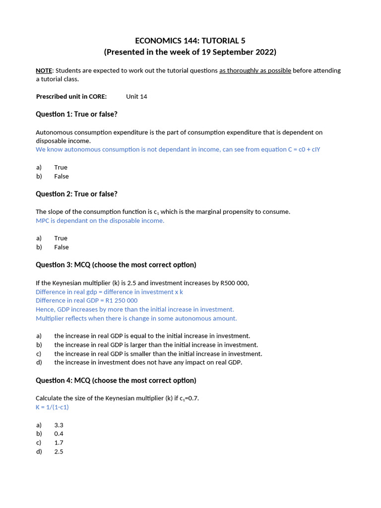 Economics 144 Tutorial 5: Multiplier Model | PDF | Fiscal Multiplier ...