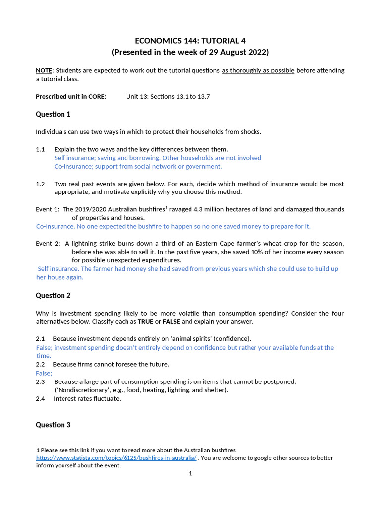 Economics 144 Tutorial 4 | PDF | Consumption (Economics) | Recession