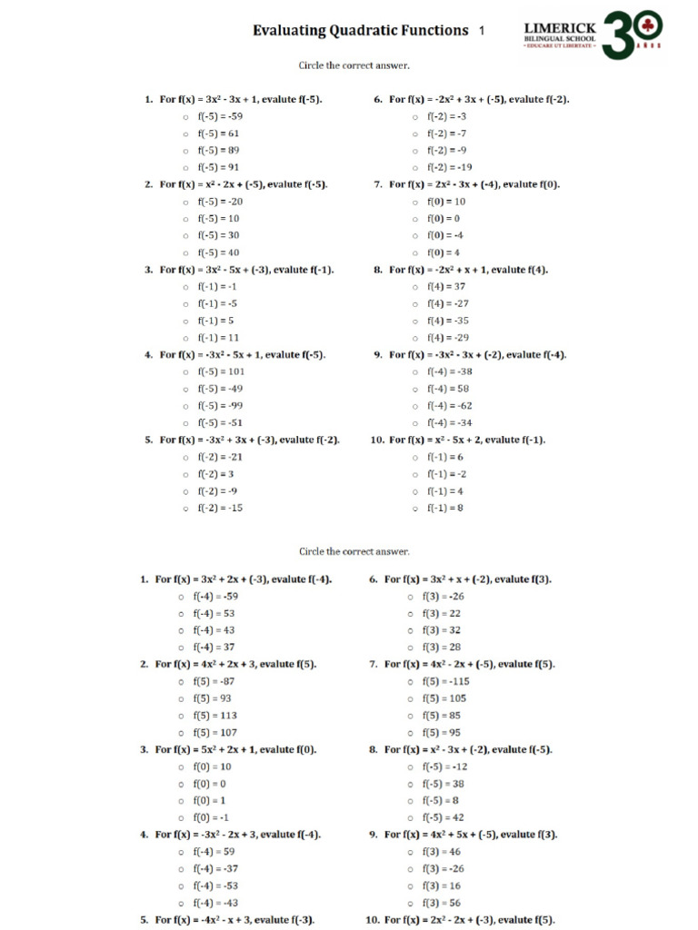 Evaluating Quadratics 1 | PDF