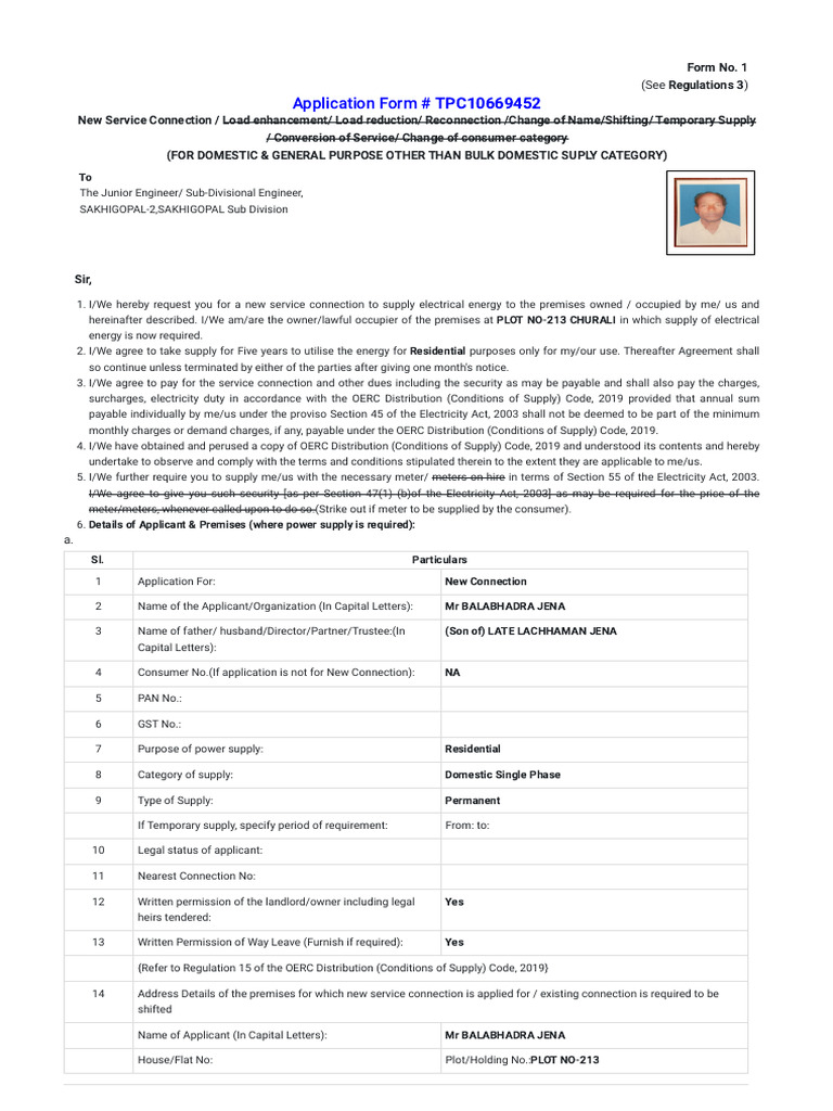 Balabhadra Jena New Connection Application | PDF | Oven | Water Heating