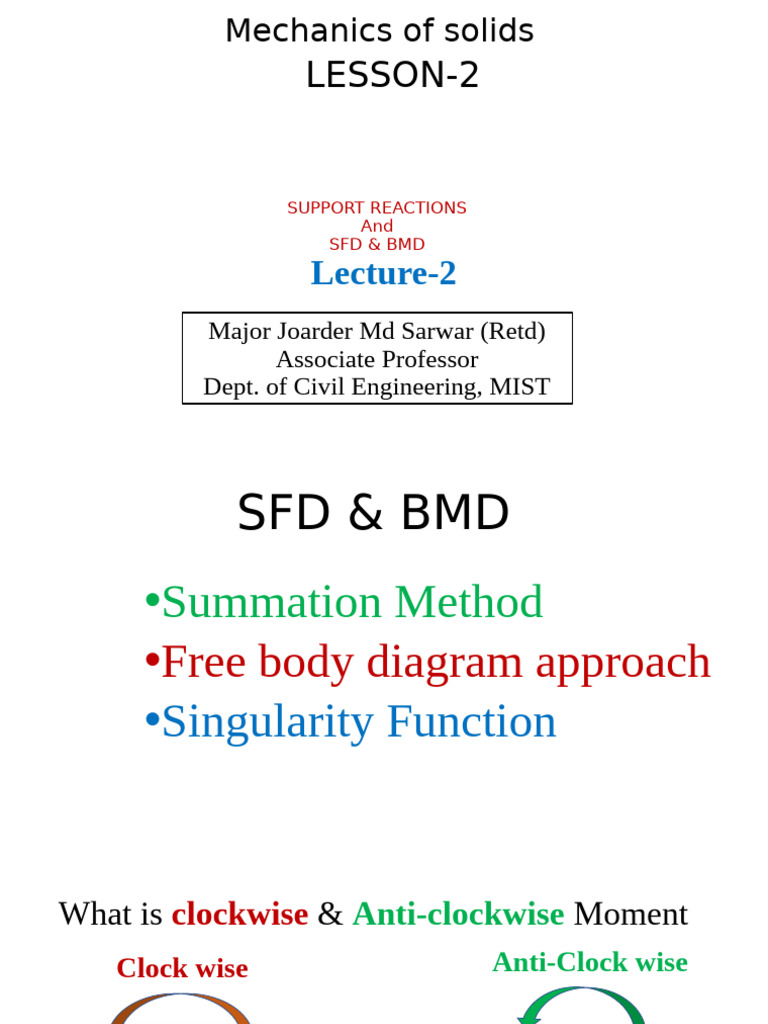 Lesson 2 Lec 1 SFD BMD Maj Sarwar 2025 | PDF | Bending | Slope