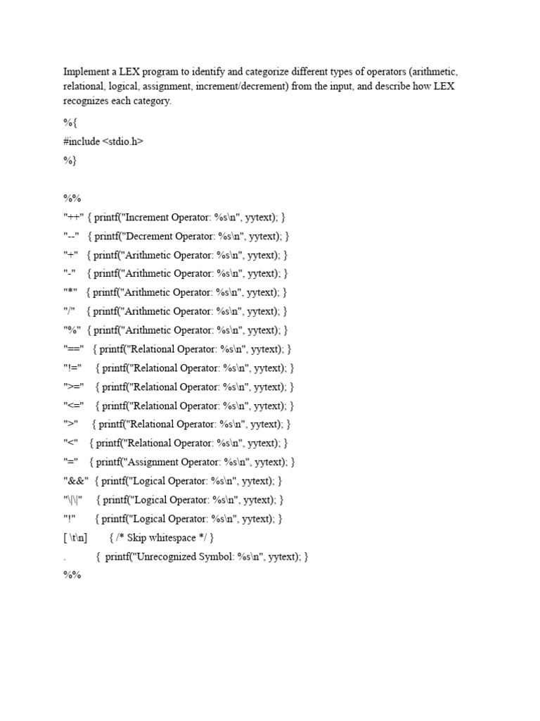 LEX Program To Identify and Categorize Different Types of Operators | PDF