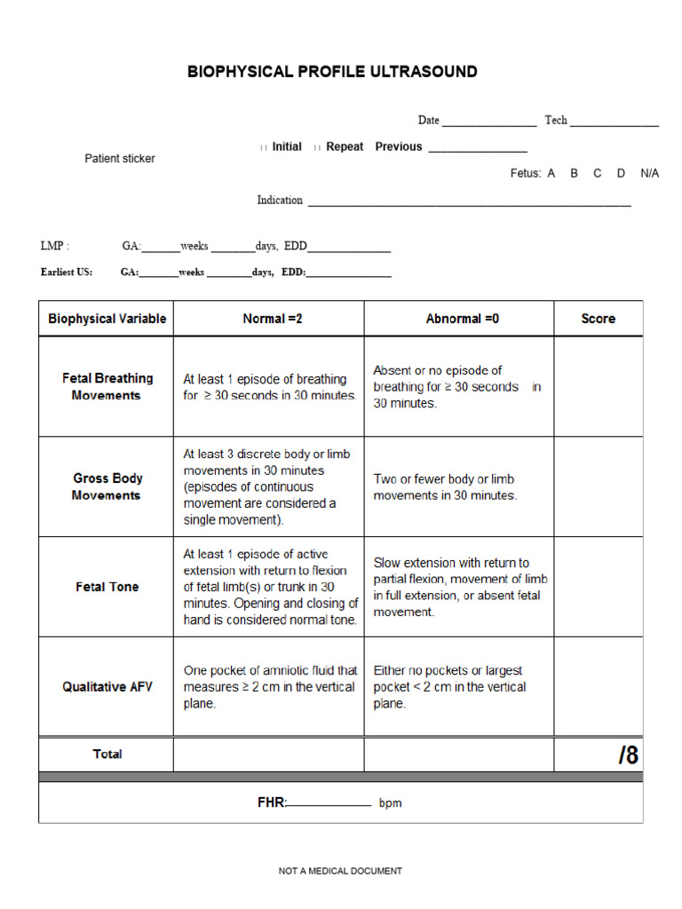 Biophysical Profile Worksheet Ultrasound | PDF