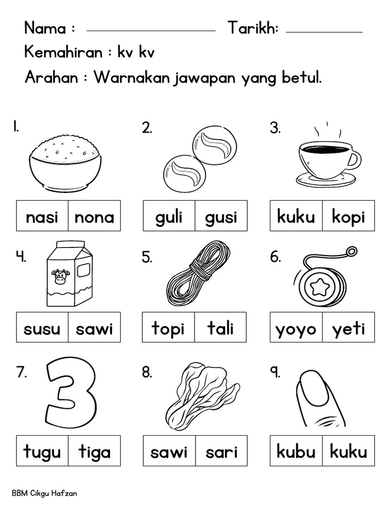 Lembaran Kerja KV KV - Warnakan Perkataan Yang Betul | PDF