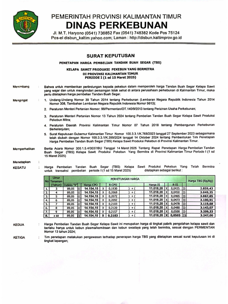Informasi Harga Tbs Kelapa Sawit Bagi Pekebun Mitra Periode I Bulan Maret 2025 | PDF