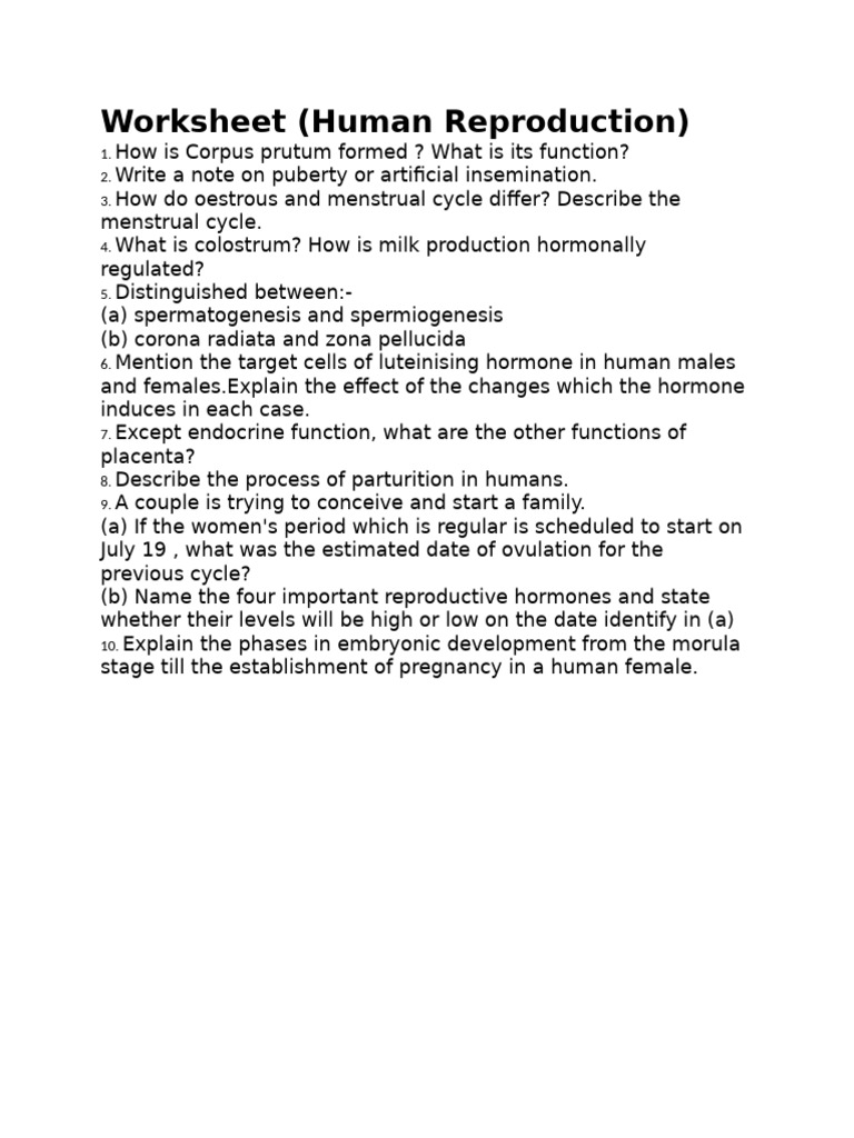Worksheet (Human Reproduction) | PDF