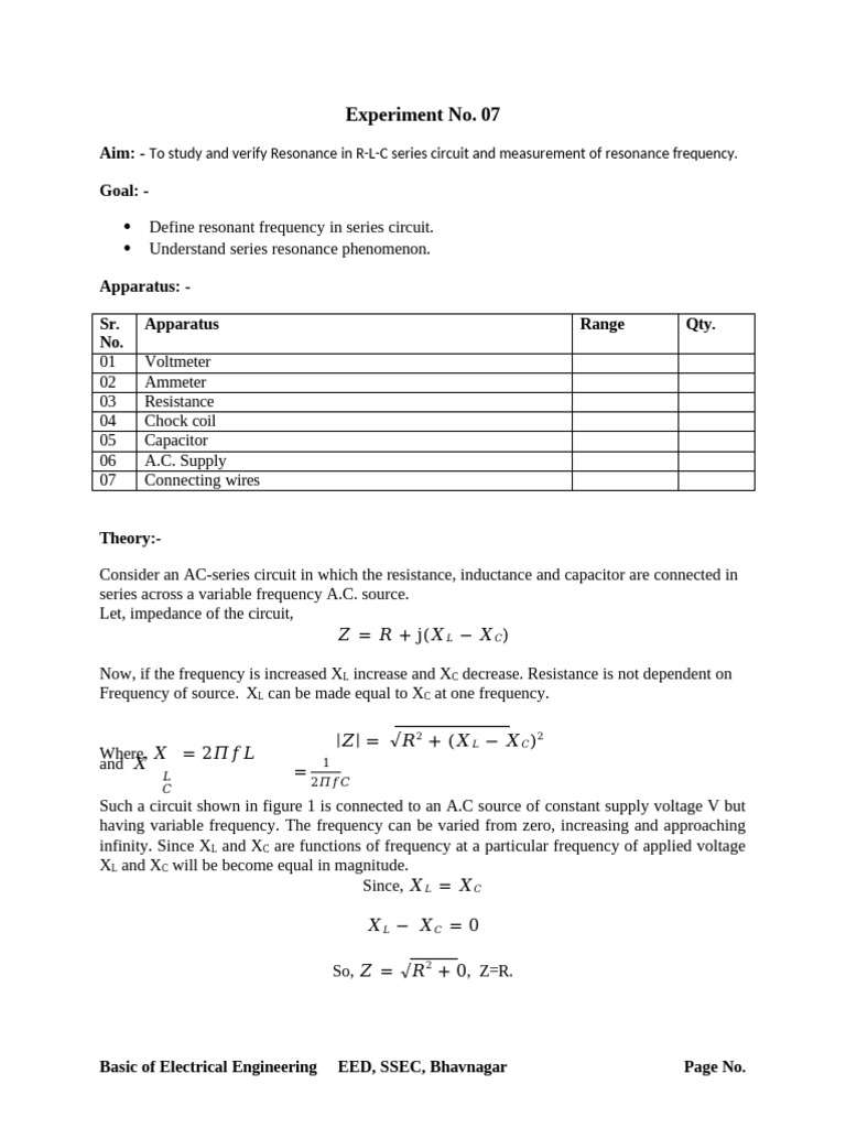 RLC Series Circuit Resonance Experiment | PDF | Resonance | Electrical ...